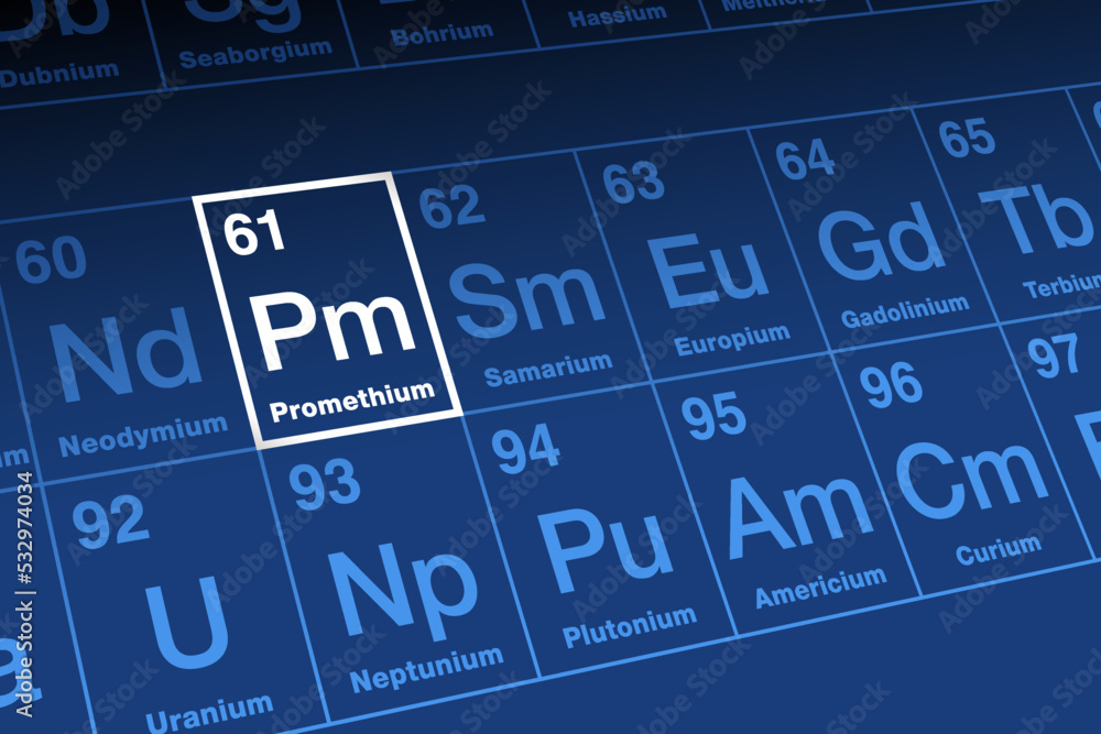 Promethium, on periodic table. Rare earth metal in lanthanide series ...