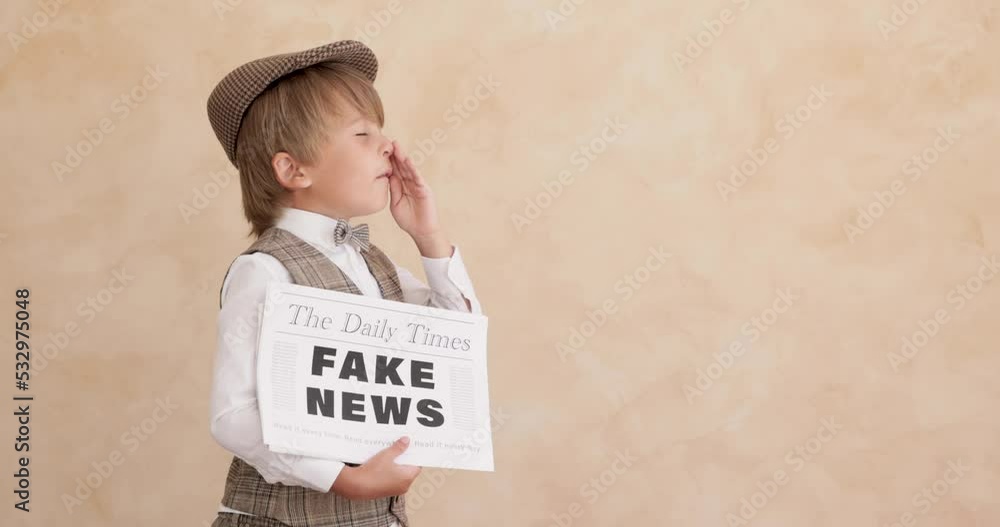 Newsboy shouting against concrete wall background. Boy selling fake ...