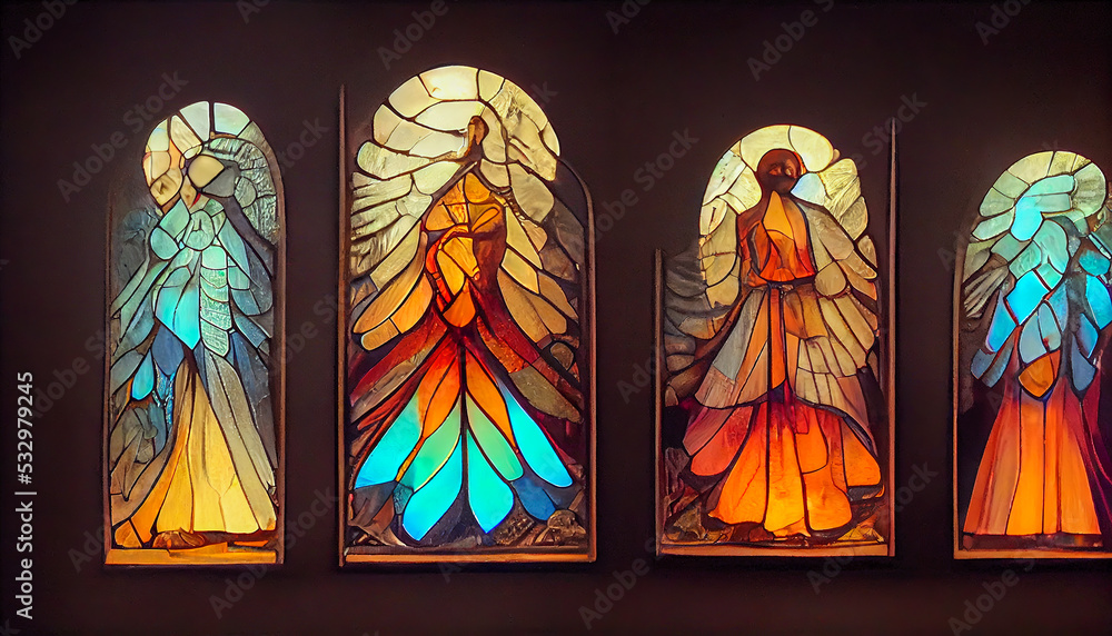 Beautiful stained glass windows with angels Stock Illustration | Adobe ...