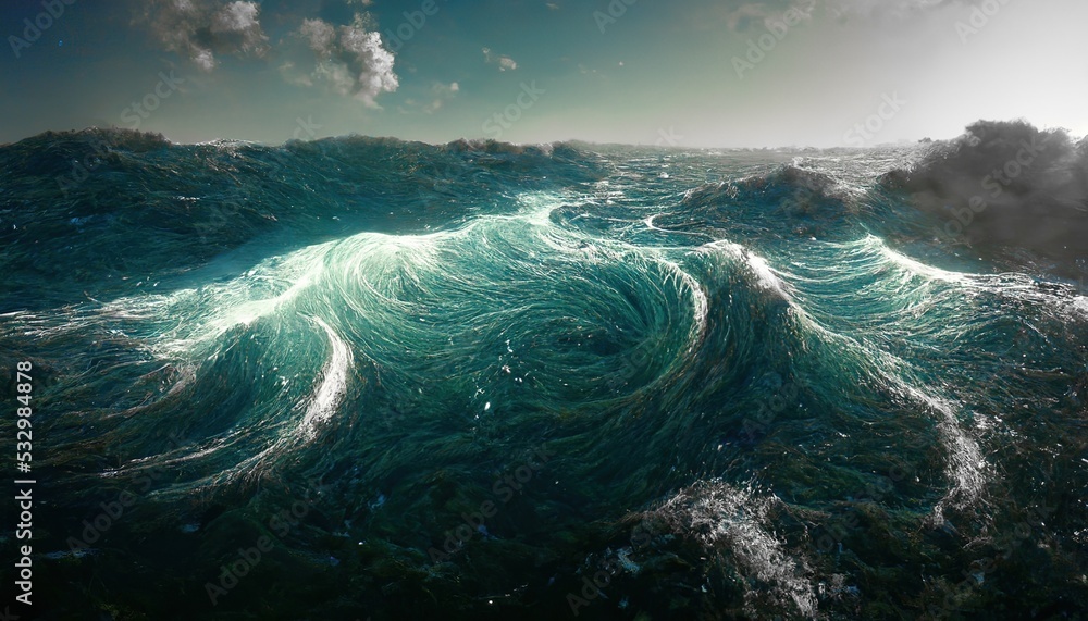 Spectacular abstract scene of an ocean tidal wave with a horizontal and ...