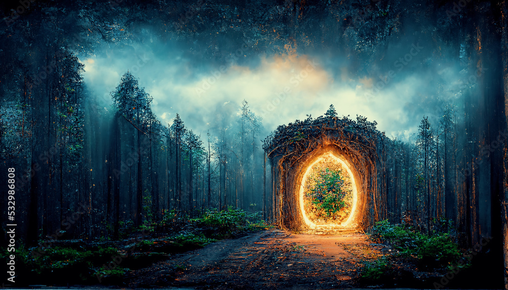 Spectacular fantasy scene with a portal archway covered in creepers. In ...