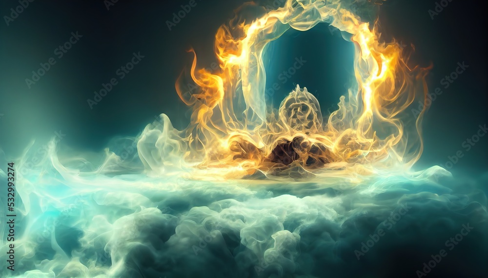 Portal in a stone arch with magical symbols in a mountain cave. Rainbow ...
