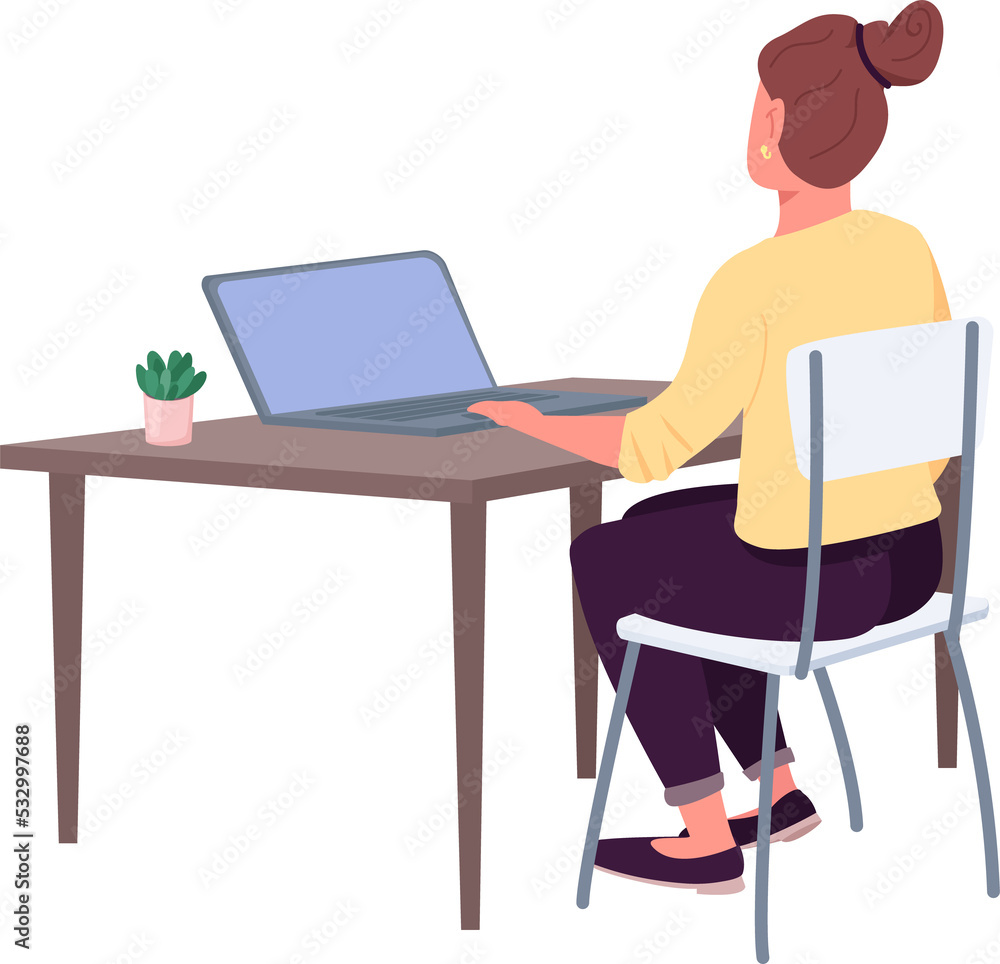 Woman at workplace semi flat color raster character. Sitting figure ...