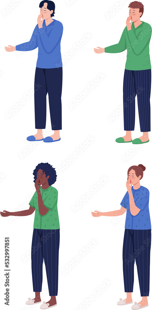 Yawning person semi flat color raster character set. Posing figure ...