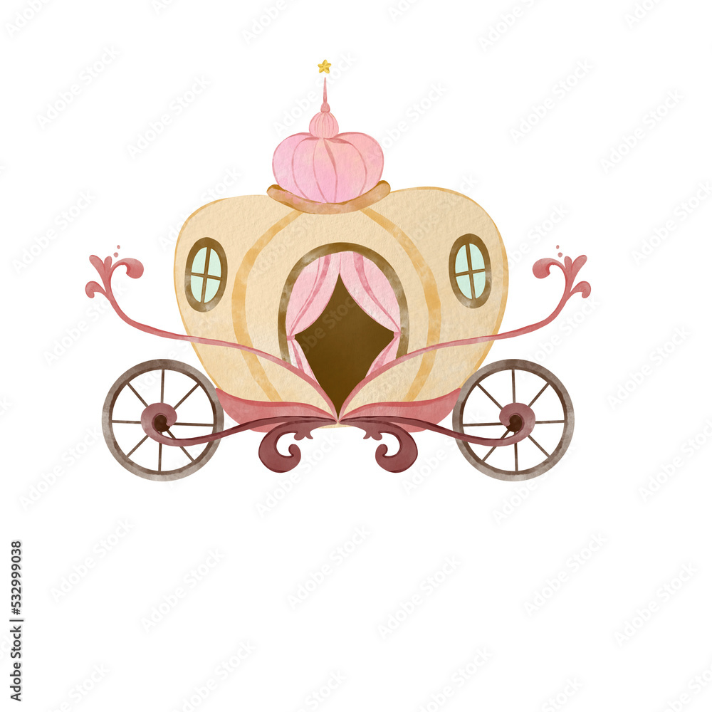 Hand painted carriage illustration. Watercolor princess carriage ...