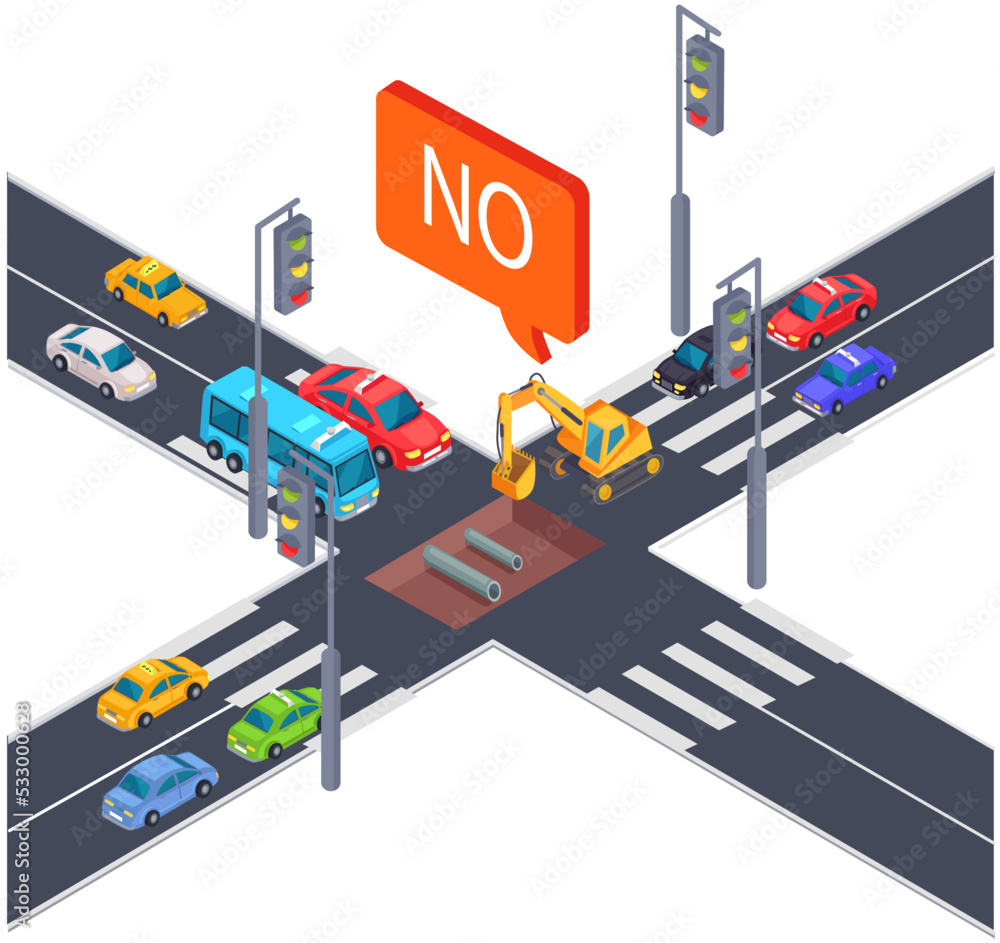 Crossroad with cars while driving and crane. Road closure during ...