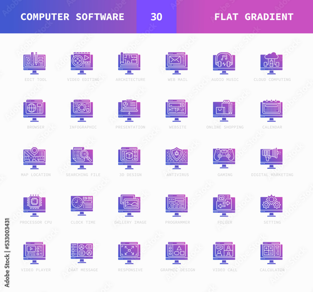 Software Computer flat gradient icons. Set of coding, website, video ...