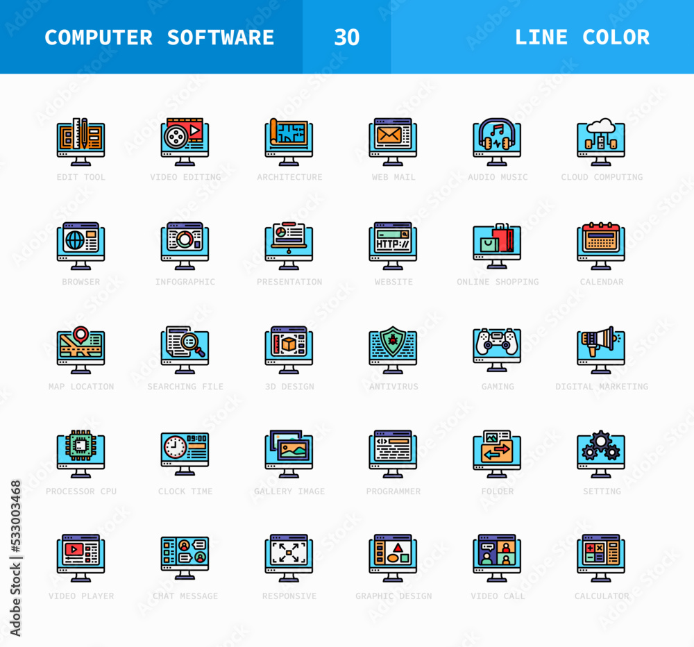 Software Computer filled line color icons. Set of coding, website ...