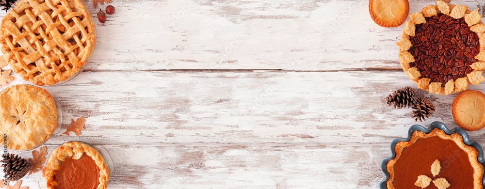 Assorted homemade fall pies. Pumpkin, apple and pecan. Above view ...