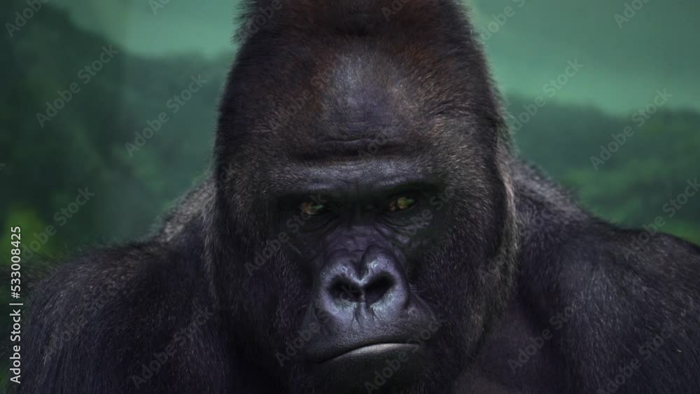Closeup portrait of gorilla male, severe silverback, watching his ...