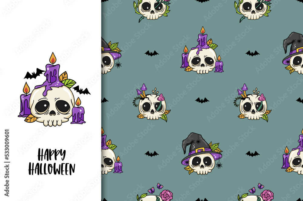 Cute and creepy Halloween card print template and seamless background ...