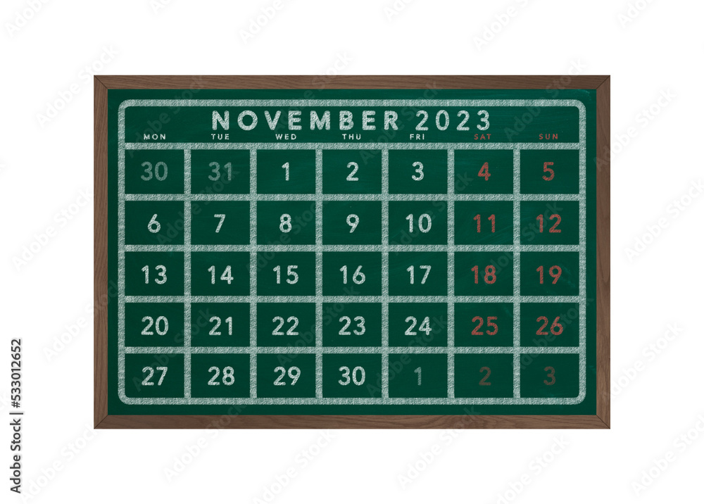 2023 November Green Chalkboard Calendar Transparent Background Png ...