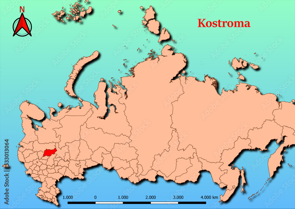 Vector Map of Russia with map of Kostroma county highlighted in red ...