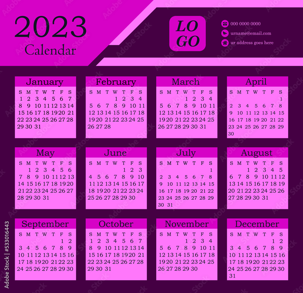 Pink calendar 2023, week starts Sunday, corporate design, calendar 2023 ...