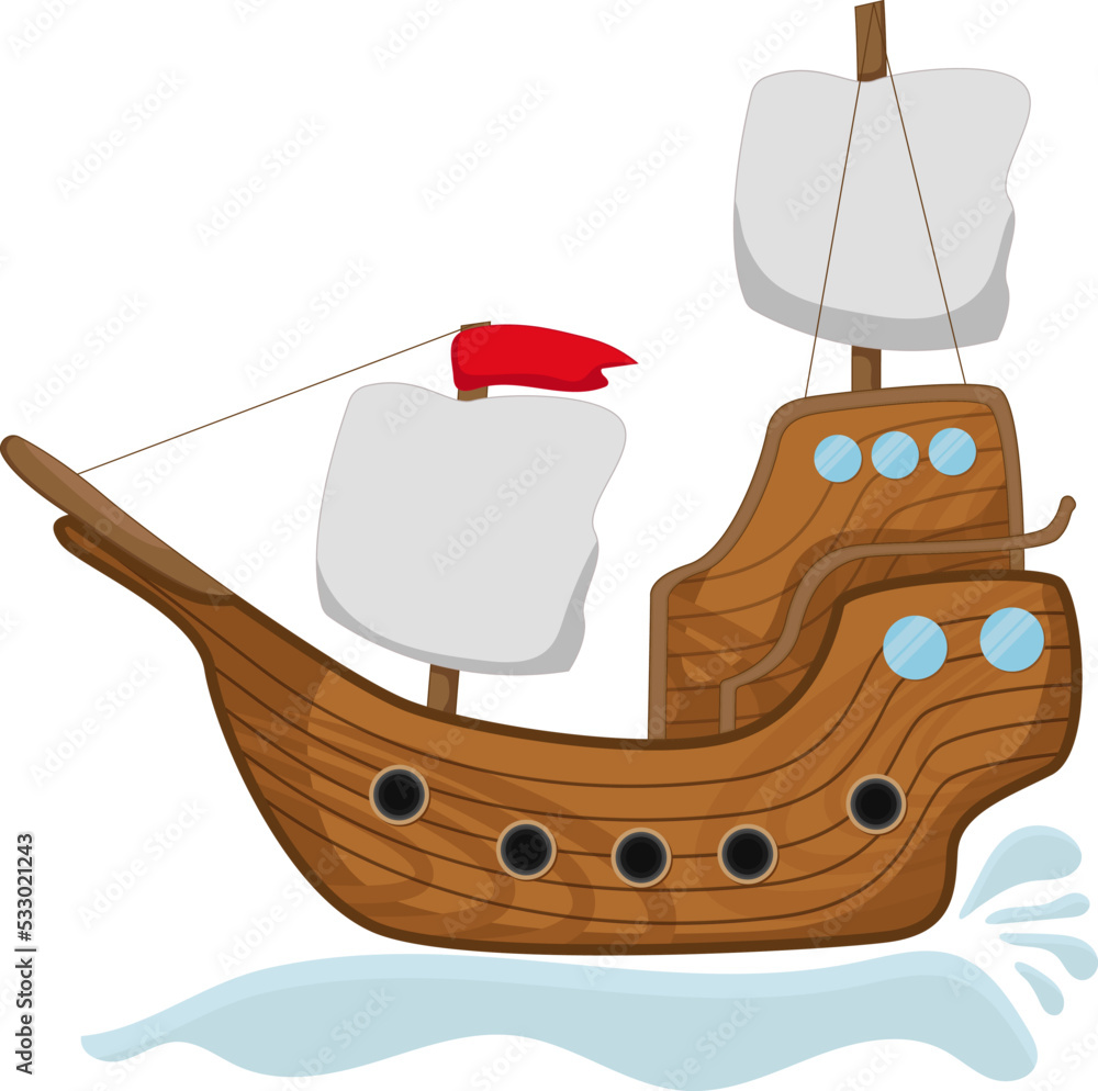 Cartoon wooden ship travel with white sails and flag. isolated on white ...