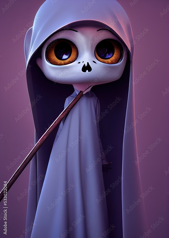 Adorable Kawaii Grim Reaper drawn in 3D rendering animation style Stock ...