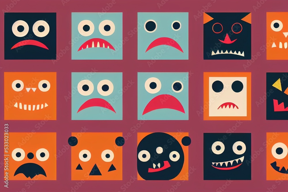 Monster square head line icon set Boo Spooky Screaming smiling sad face ...