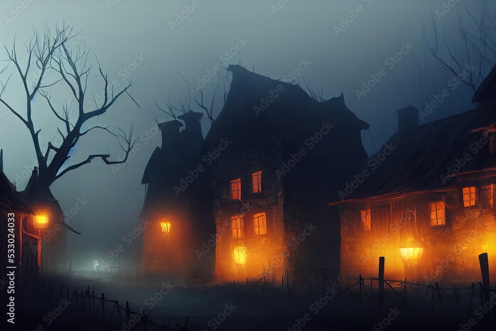 Hunted Village dark and foggy, dark village with heavy fog Halloween ...