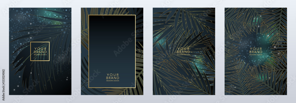 Luxury cover frame design set. Abstract tropical palm tree leaves and ...