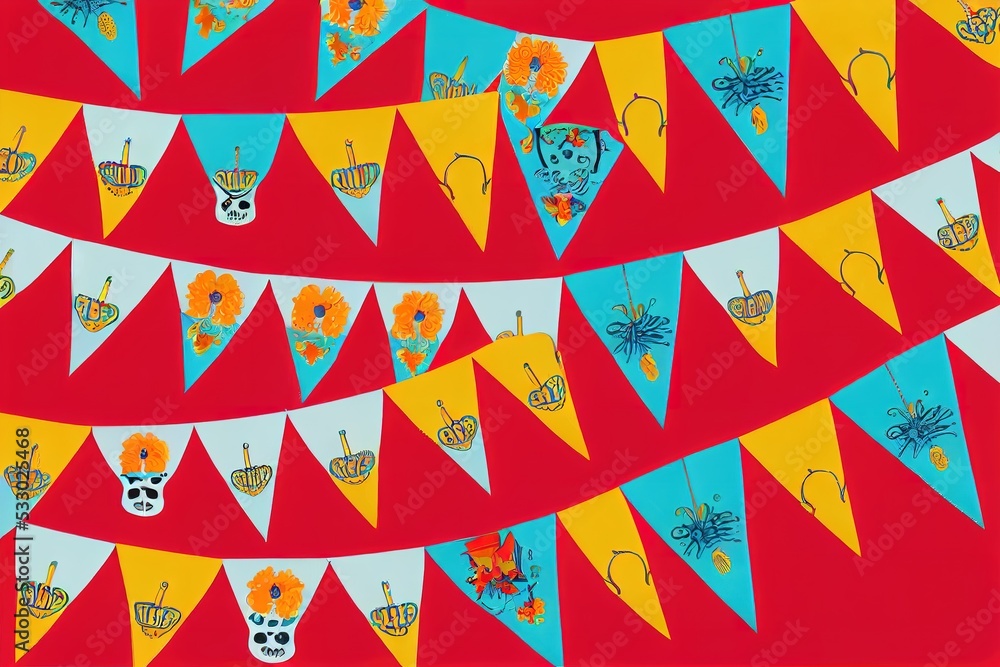 Paper flags, Raster Mexican Day of the Dead papel picado bunting ...