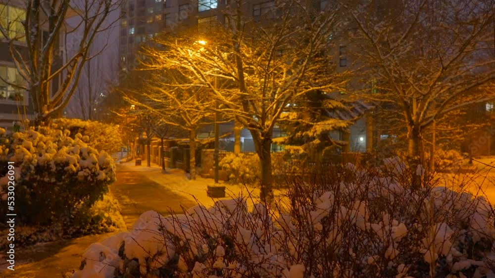 Establishing shot of modern apartment building with beautiful winter ...
