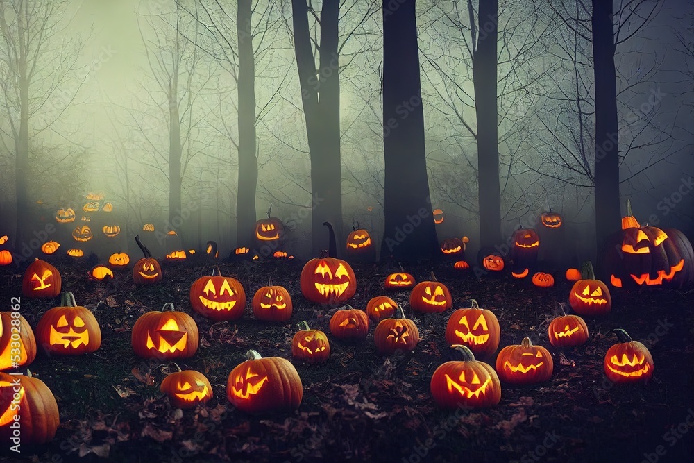 Halloween spooky background, scary pumpkins scene. Scary creepy forest ...