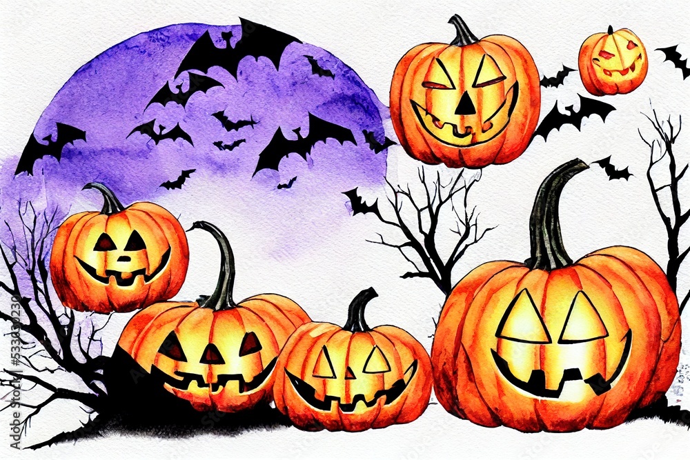 Drawn set for halloween Watercolor sketch of a pumpkin Bat Halloween ...