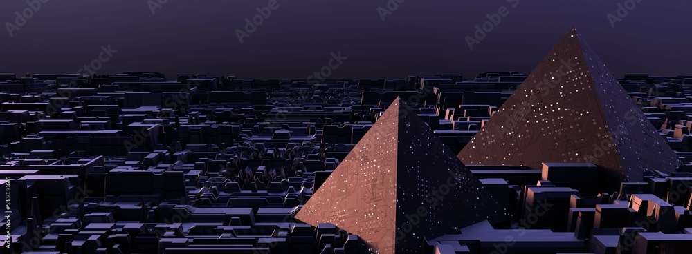 Techno pyramids at purple sunset background. Glowing digital code ...