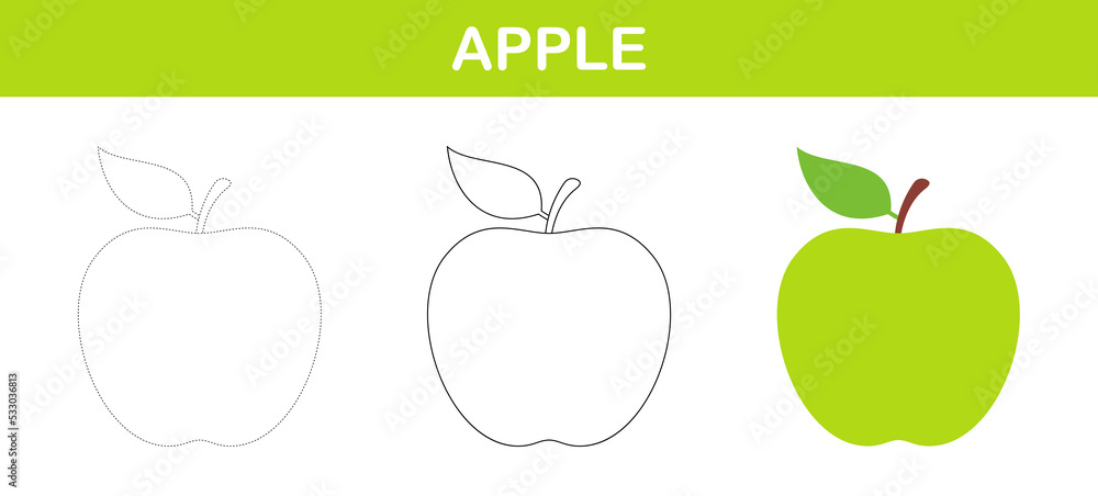 Apple tracing and coloring worksheet for kids Stock Vector | Adobe Stock
