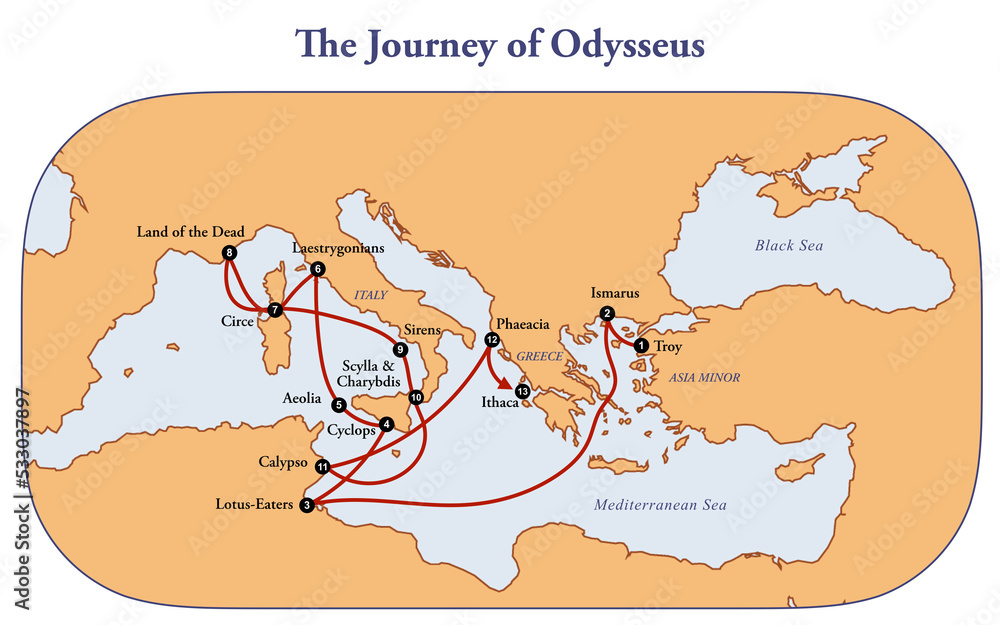 Map with the journey of Odysseus Stock Illustration | Adobe Stock