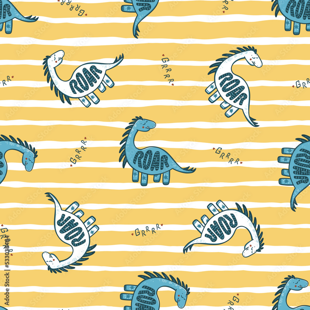 Dinosaurs Seamless Pattern for Kids Fashion. Cute Brachiosaurus. Vector ...