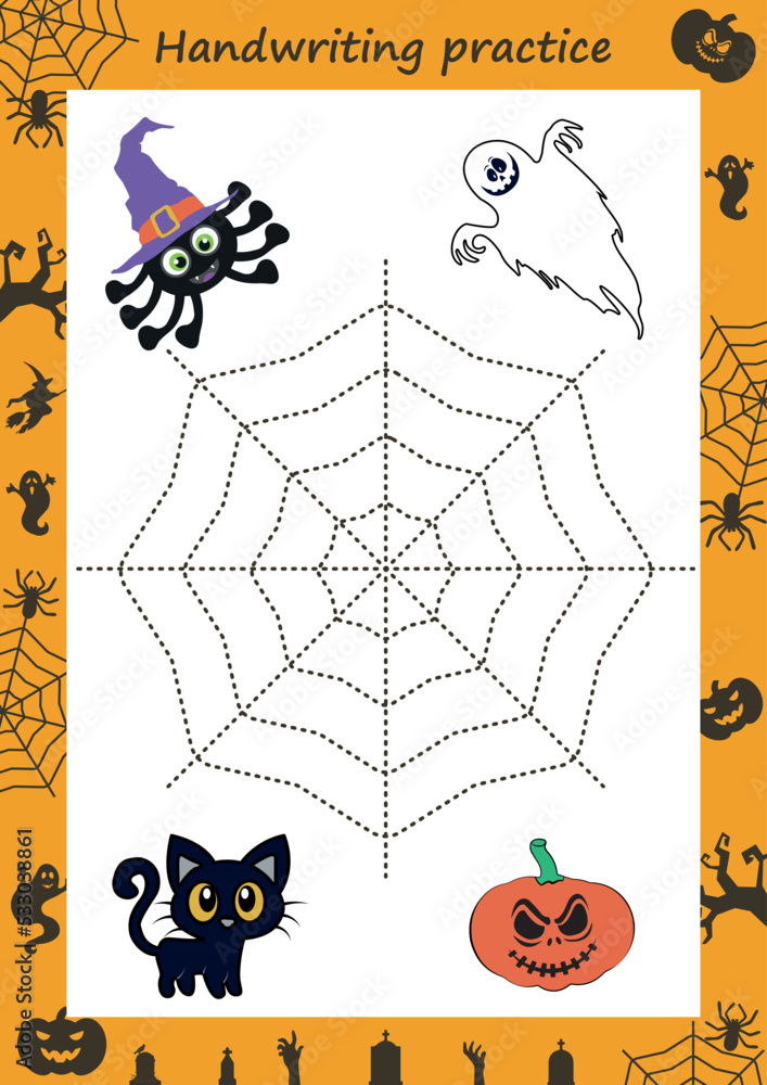 Educational worksheet for kids. Handwriting practice. Spider and his ...