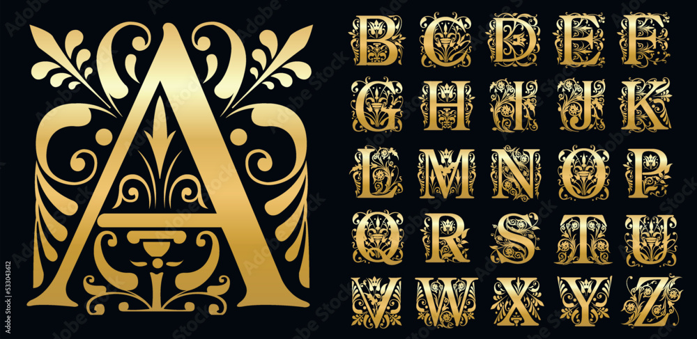 Set of elegant gold fonts. Gold alphabet in medieval style for logo ...