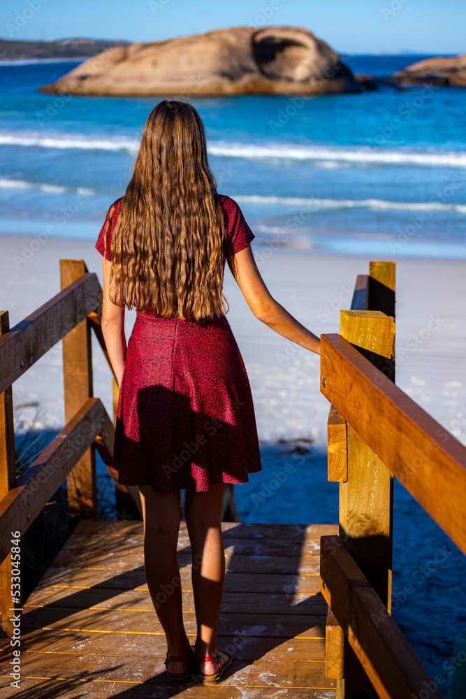 Back view of a long-haired girl in a red dress walking down the stairs ...