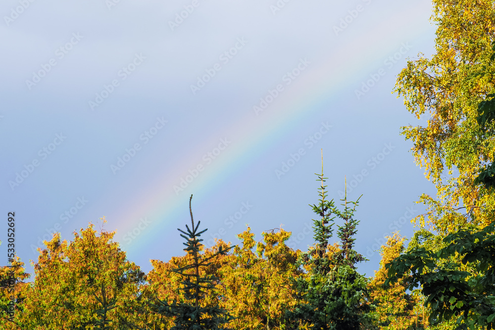 Rainbow on sky after rain. Atmospheric phenomenon after a storm ...