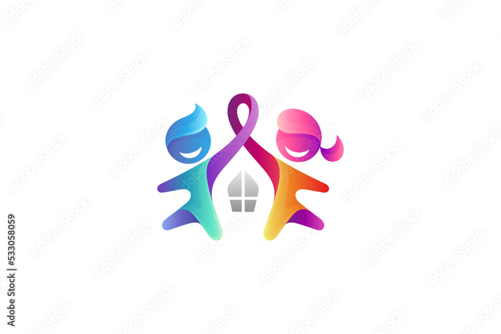 boy and girls logo with house shape in the middle Stock Vector | Adobe ...