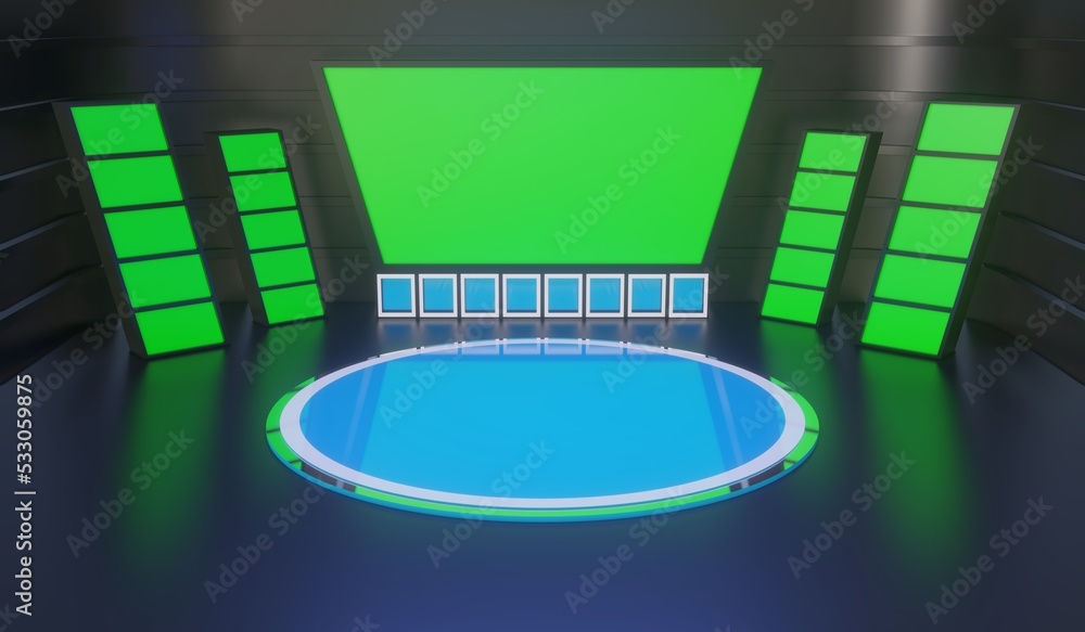 3d Rendering. 3d virtual stage news studio green screen background ...