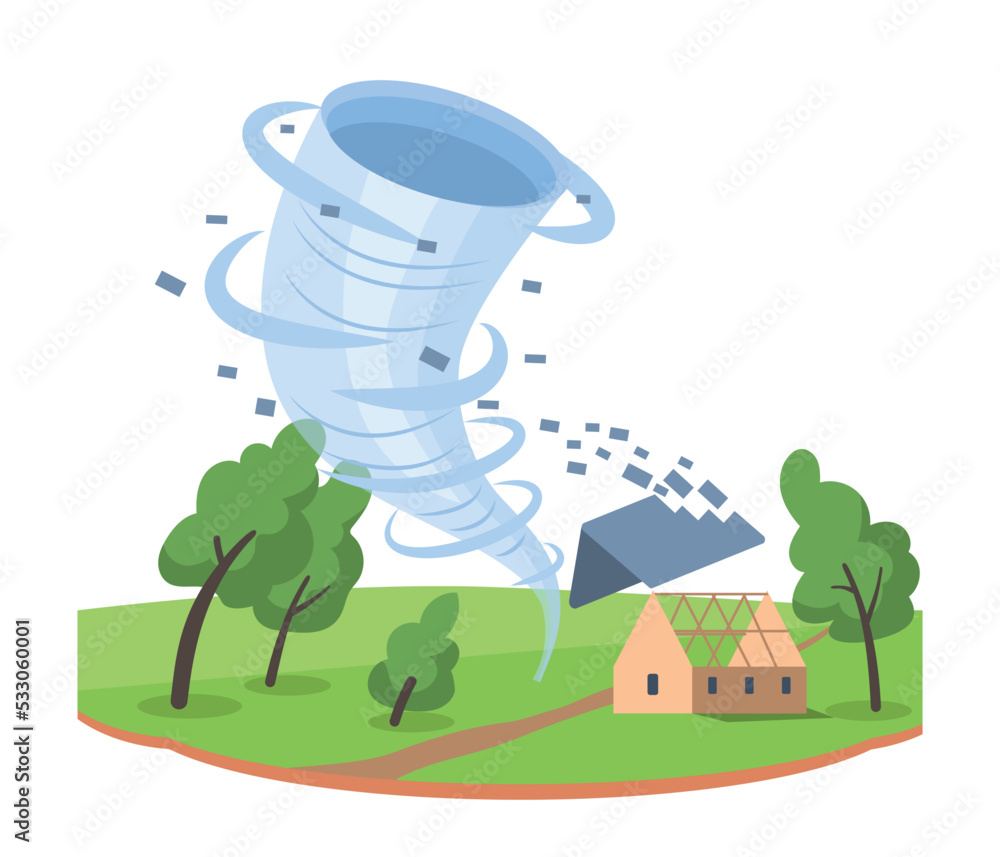 Natural disaster concept. Hurricane or tornado blows roof of building ...