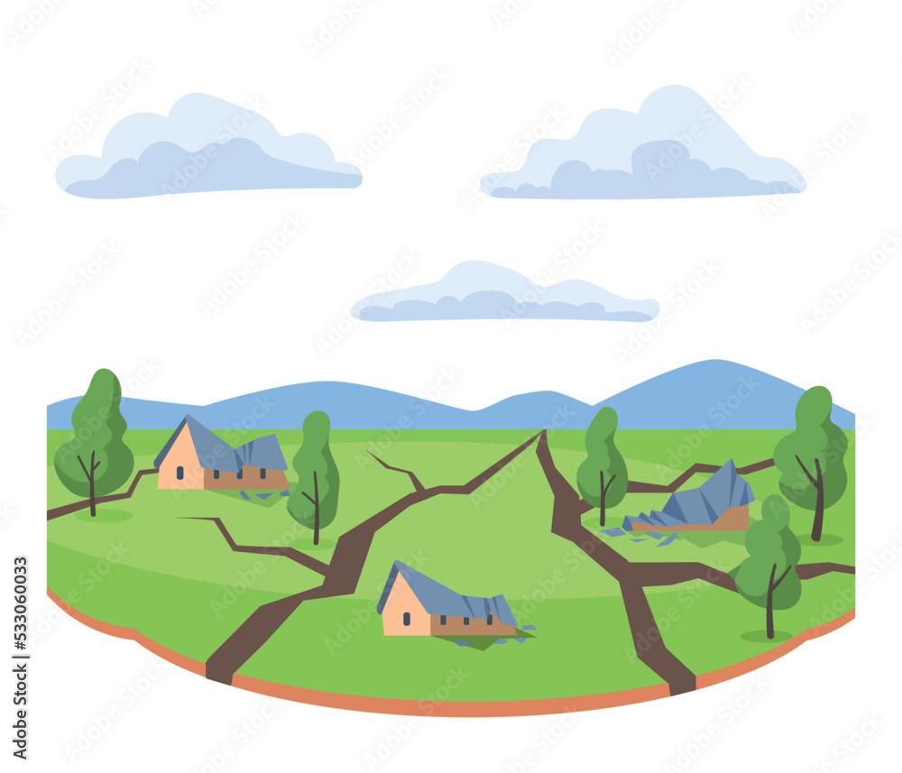 Vetor de Natural disaster concept. Village houses stand on faults among ...