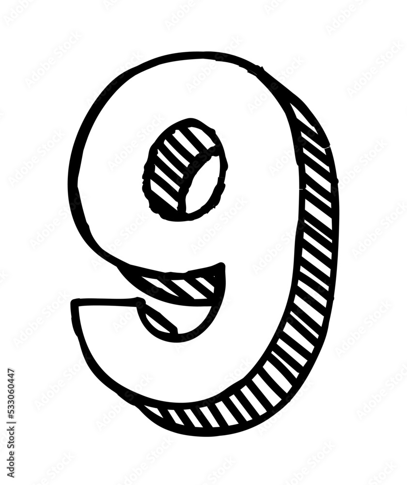 Number nine icon. Sketch and pencil drawing, minimalistic style ...