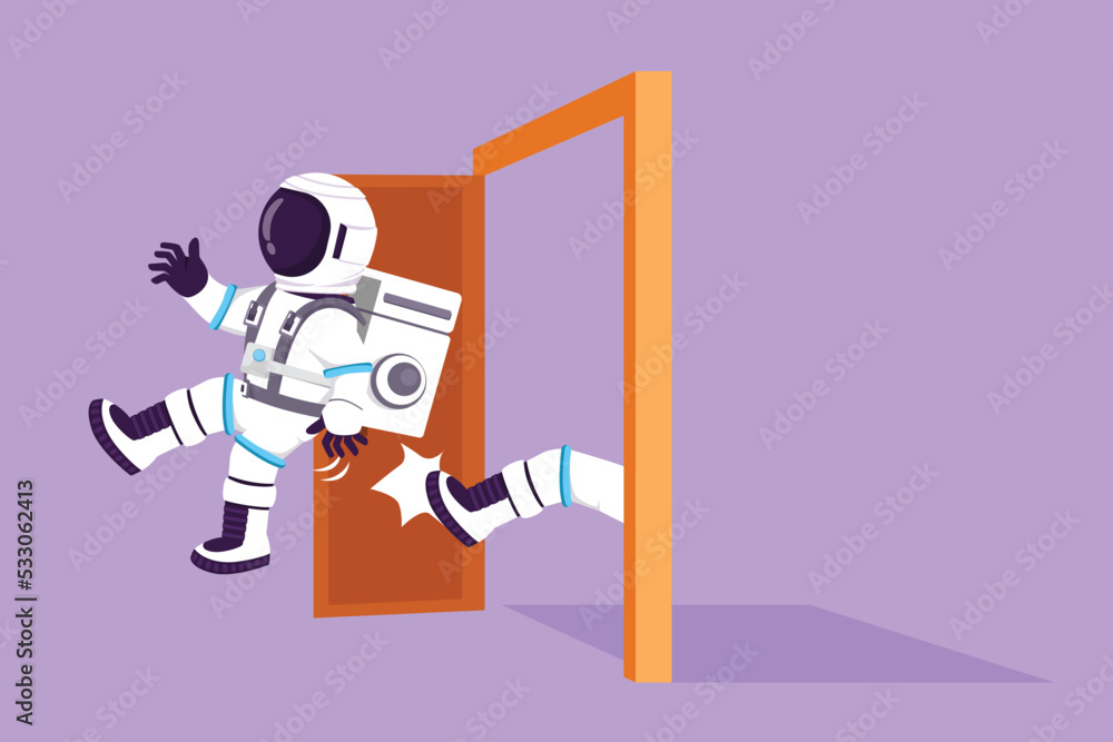 Cartoon flat style drawing young astronaut get kicked out of door in ...