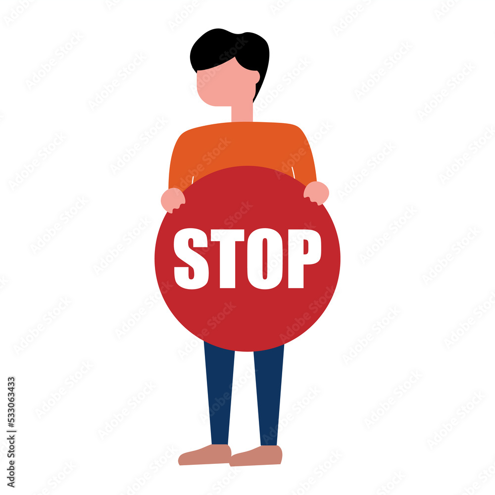 Vector flat illustration of man men hands holding red round sign banner ...