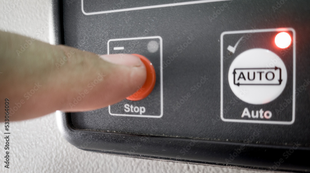 the man finger press the button control on modul operating machine ...