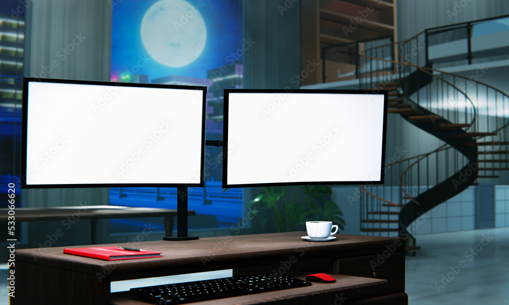 Wood grain office computer desk with stand for dual monitors. The ...