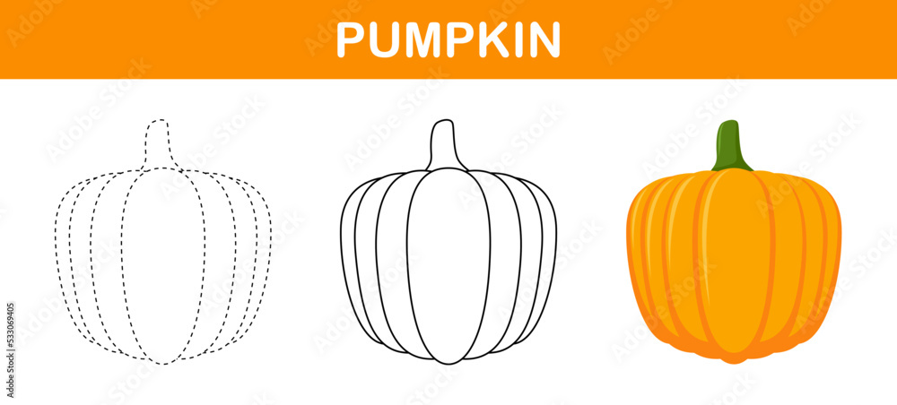 Pumpkin tracing and coloring worksheet for kids Stock Vector | Adobe Stock