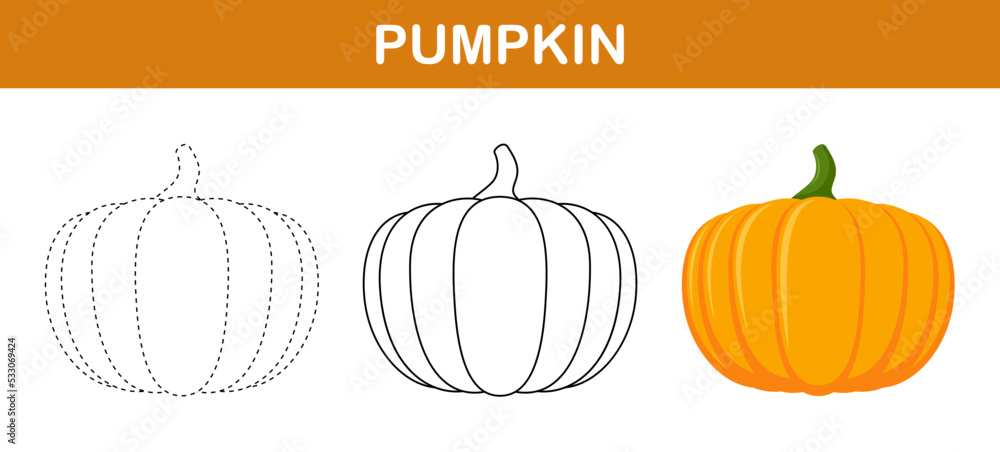 Pumpkin tracing and coloring worksheet for kids Stock Vector | Adobe Stock
