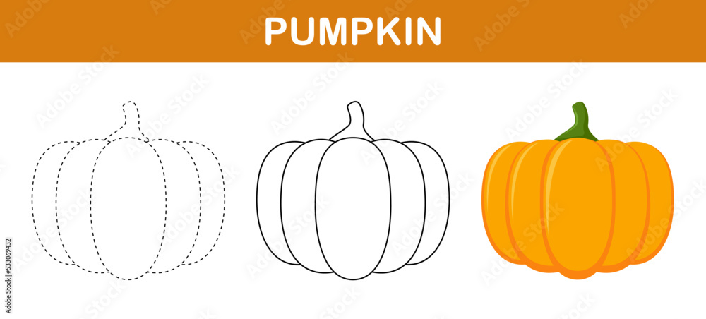 Pumpkin tracing and coloring worksheet for kids Stock Vector | Adobe Stock