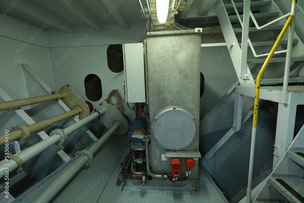 Cruise ship engine room interior with water tight doors electrical and ...