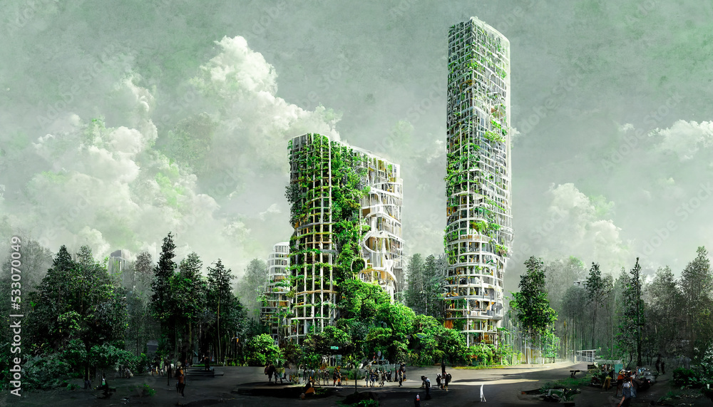 Spectacular eco futuristic cityscape abundant in vegetation features ...