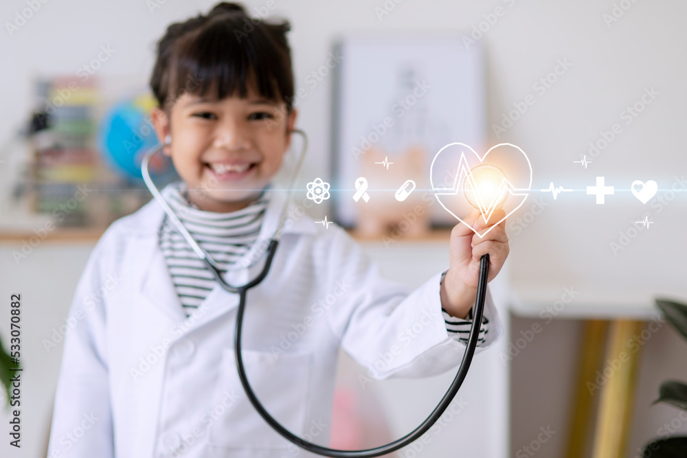 children with stethoscope in hand toching medical icon network ...